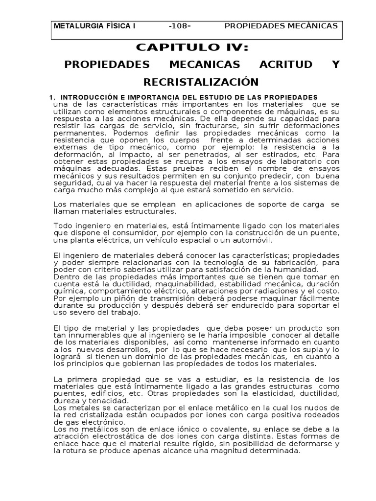 Capítulo V Propiedades Mecánicas, Acritud, Recristalización | PDF ...