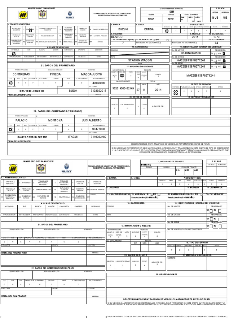 Formulario Traspaso | PDF | Placa de matrícula del vehículo | Coche