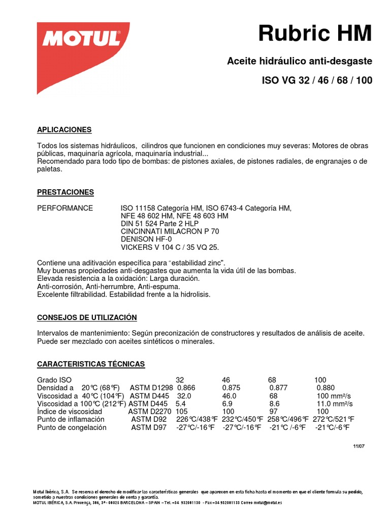 Motul Rubric HM 68 | PDF | Ingeniería mecánica | Naturaleza