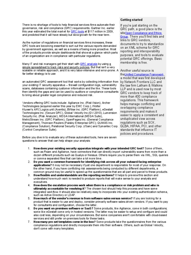 Seven Considerations in Evaluating GRC Tools | PDF | Software ...
