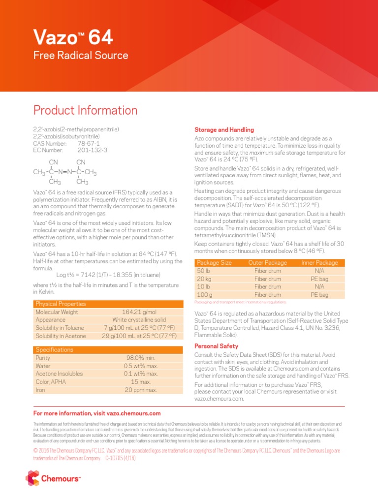 VazoT 64 PDS PDF | PDF | Dangerous Goods | Radical (Chemistry)