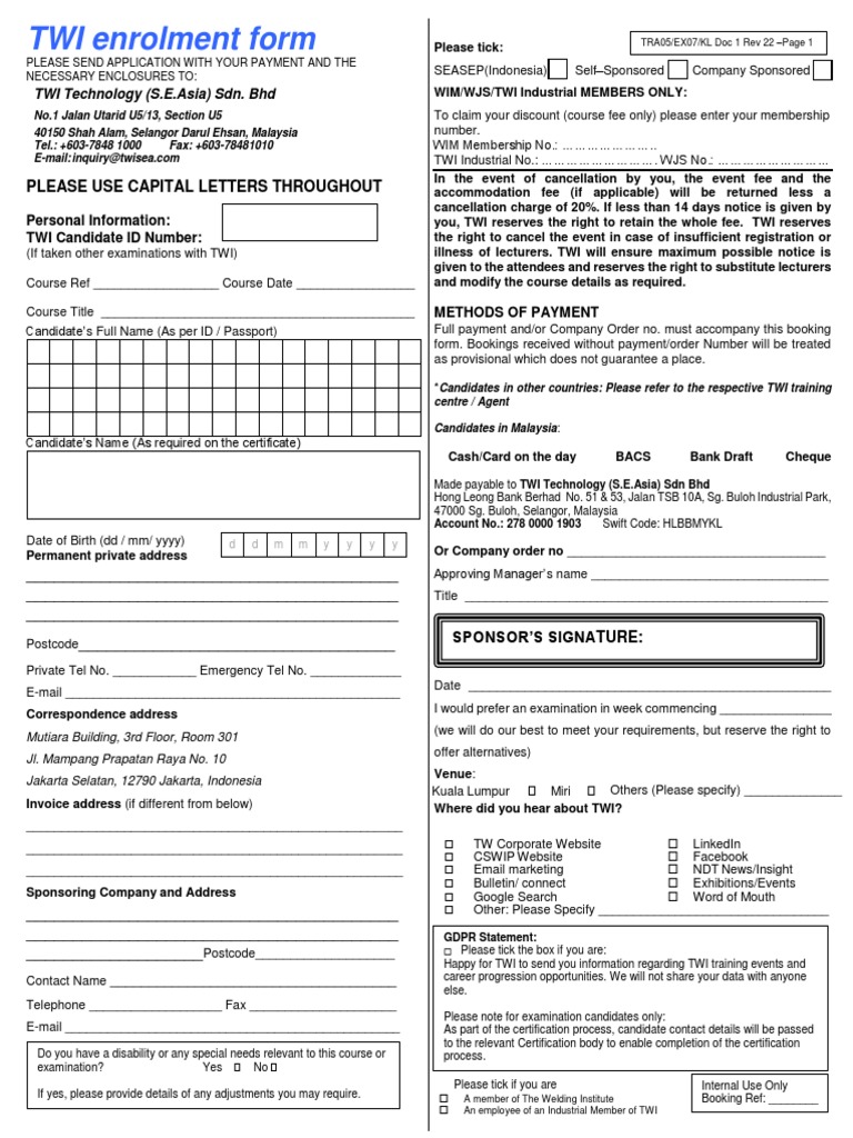 TWI Enrolment Form From Rev 23 - SEATP Indonesia PDF | PDF ...
