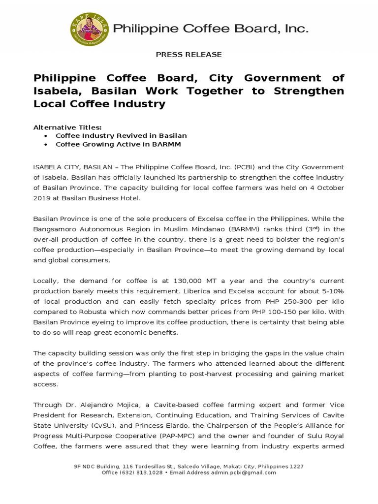 Press Release - Strengthening The Coffee Industry of Basilan Province ...