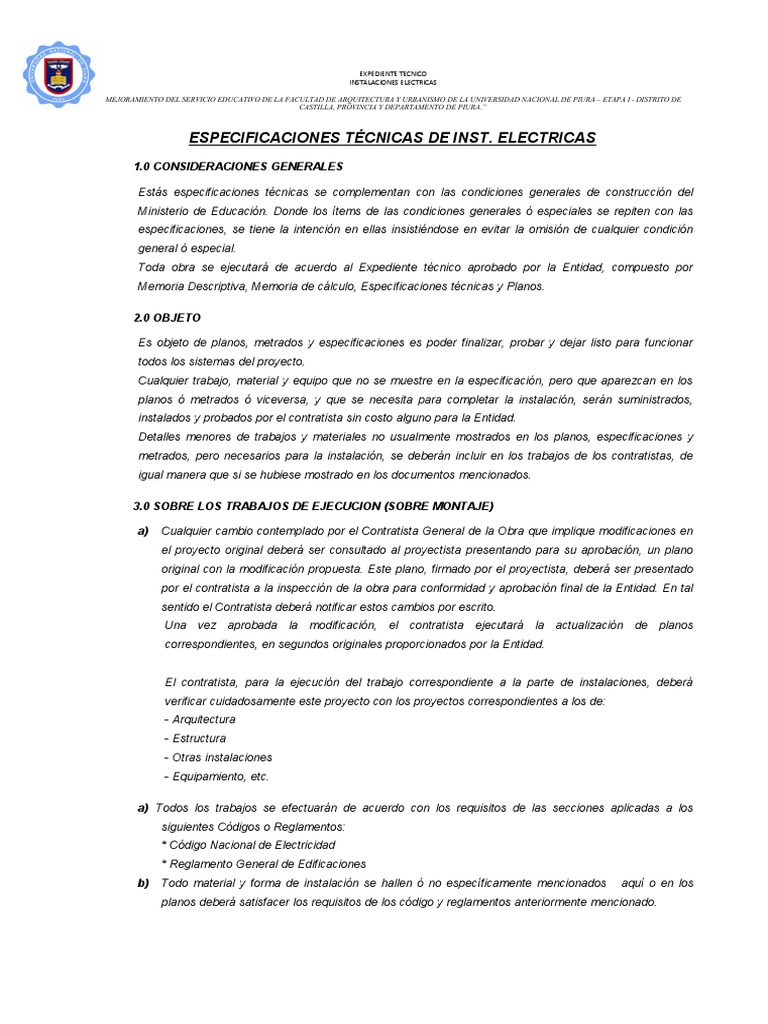 Especificaciones Tecnicas de Instalaciones Electricas - Ok | PDF | Cobre | Materiales