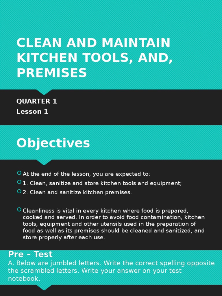 Lesson 1 - CLEAN AND MAINTAIN KITCHEN TOOLS, AND, PREMISES | PDF ...