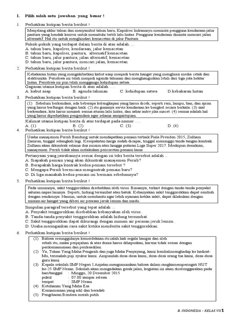 Soal B Indonesia Kelas 7 | PDF