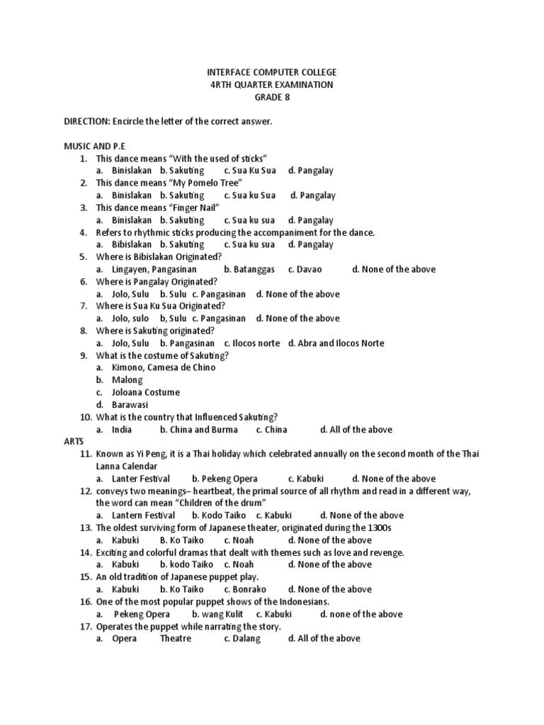 Grade 8 3RD Quarter Examination Mapeh | PDF | Theatre | Oral Literature