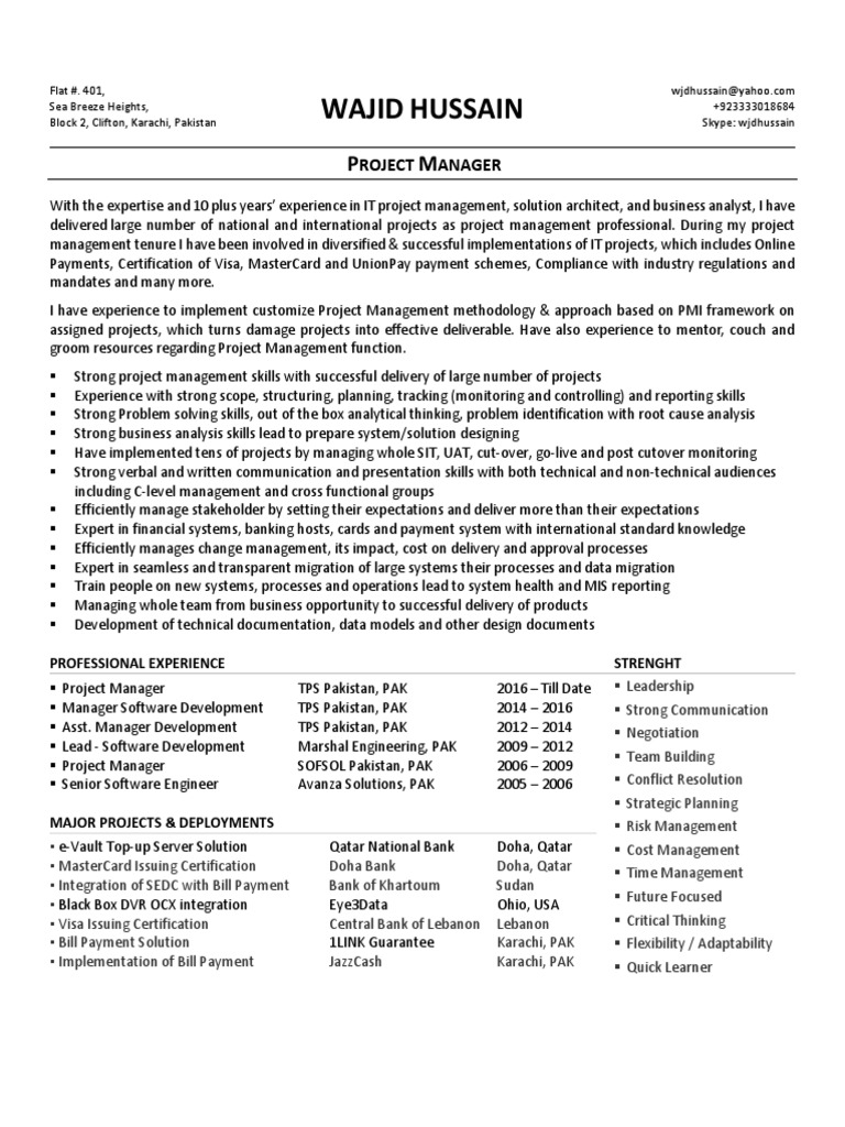 Resume - Wajid Hussain - Project Manager | PDF | Project Management ...