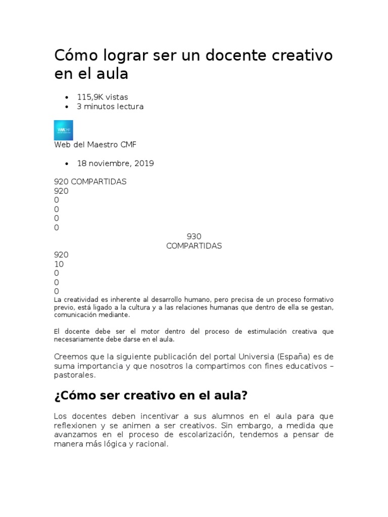 Cómo Lograr Ser Un Docente Creativo en El Aula | PDF | Creatividad ...
