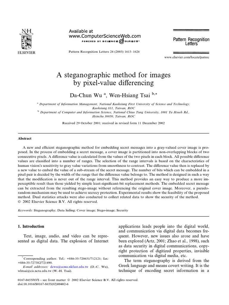 A Steganographic Method For Images by Pixel-Value Differencing PDF | PDF | Areas Of Computer ...