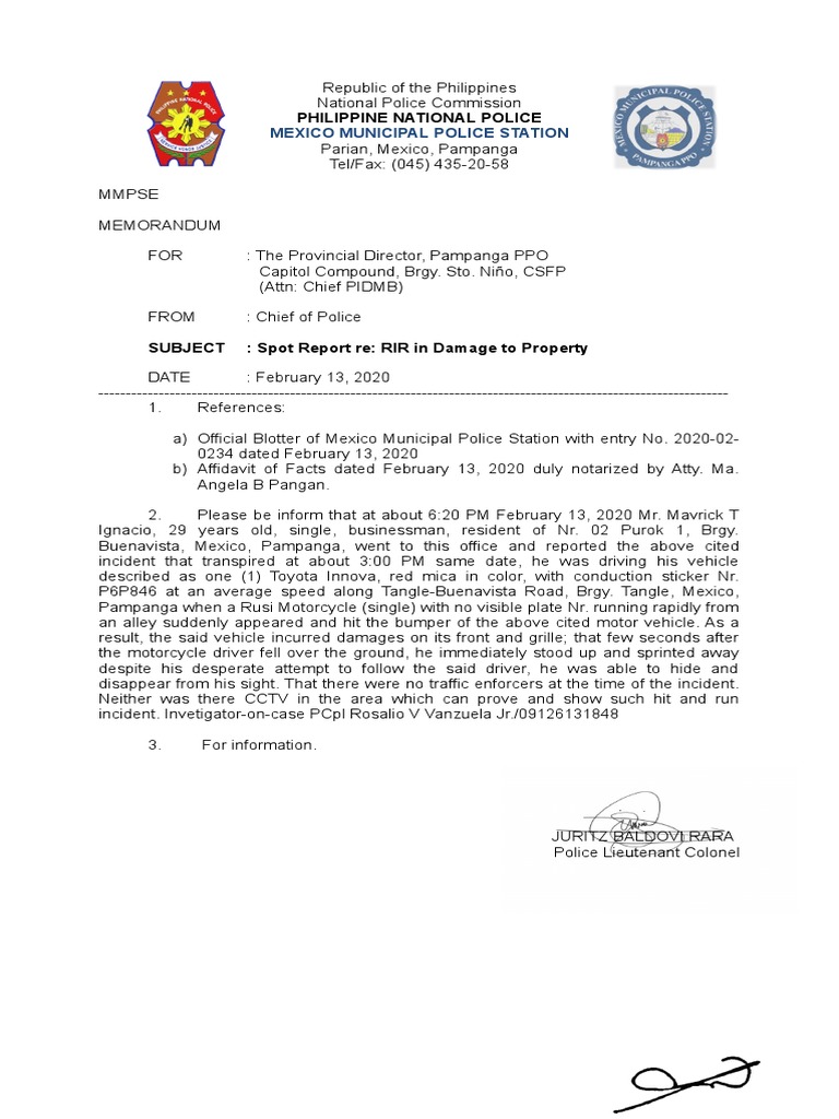 Spot Report Re RIR in Damage To Property | PDF | Crime & Violence ...