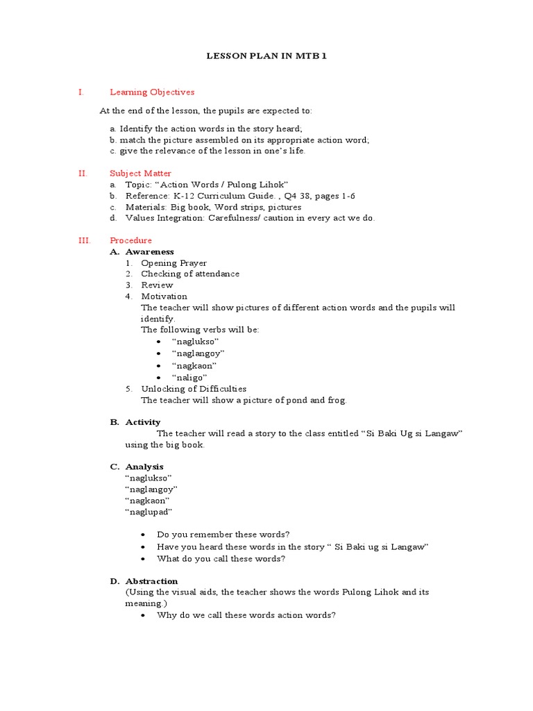 Action Words Lesson Plan | PDF | Education Theory | Teachers