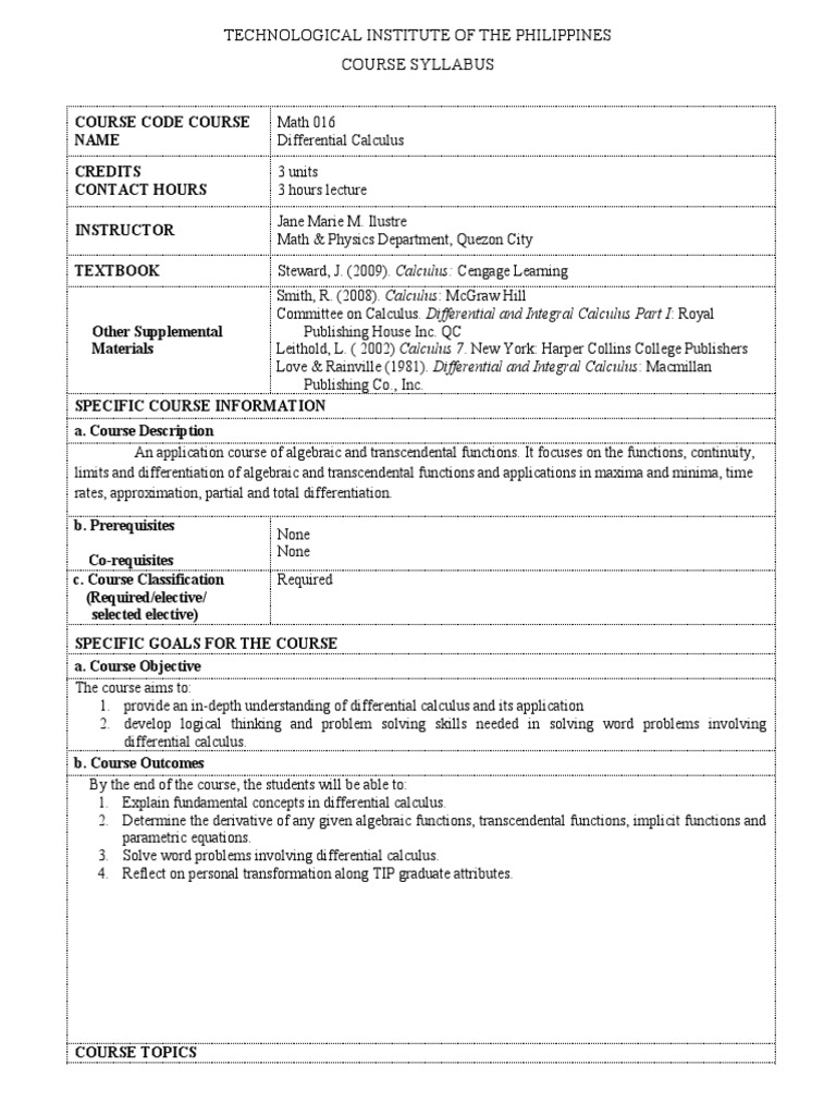 ABET Course Syllabus - Differential Calculus | PDF | Derivative ...