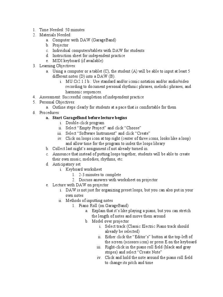 Sed 3330 - Lesson Plan 1 | PDF | Garage Band | Piano