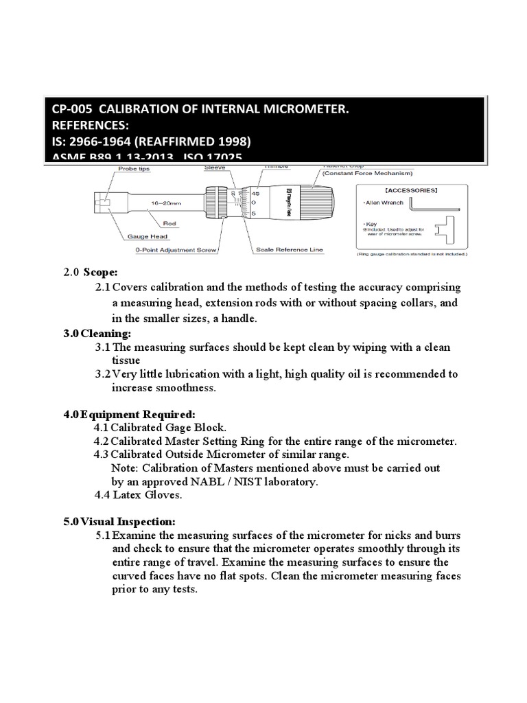 Cp-005-Calibration of Internal Micrometer | PDF | Calibration | Tools