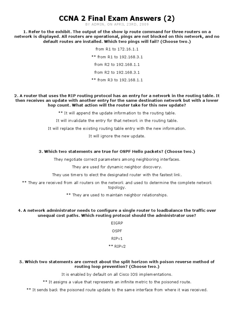 CCNA 2 Final Exam Answers | PDF | Cisco Systems | Router (Computing)