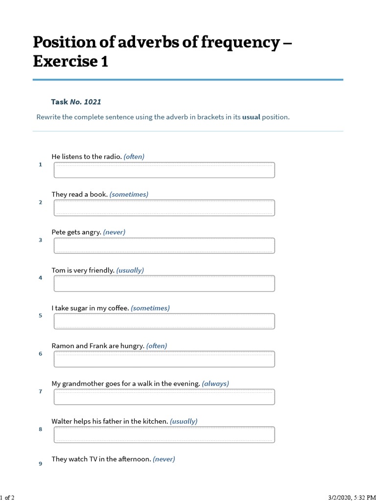 Position of Adverbs of Frequency - Exercise | PDF