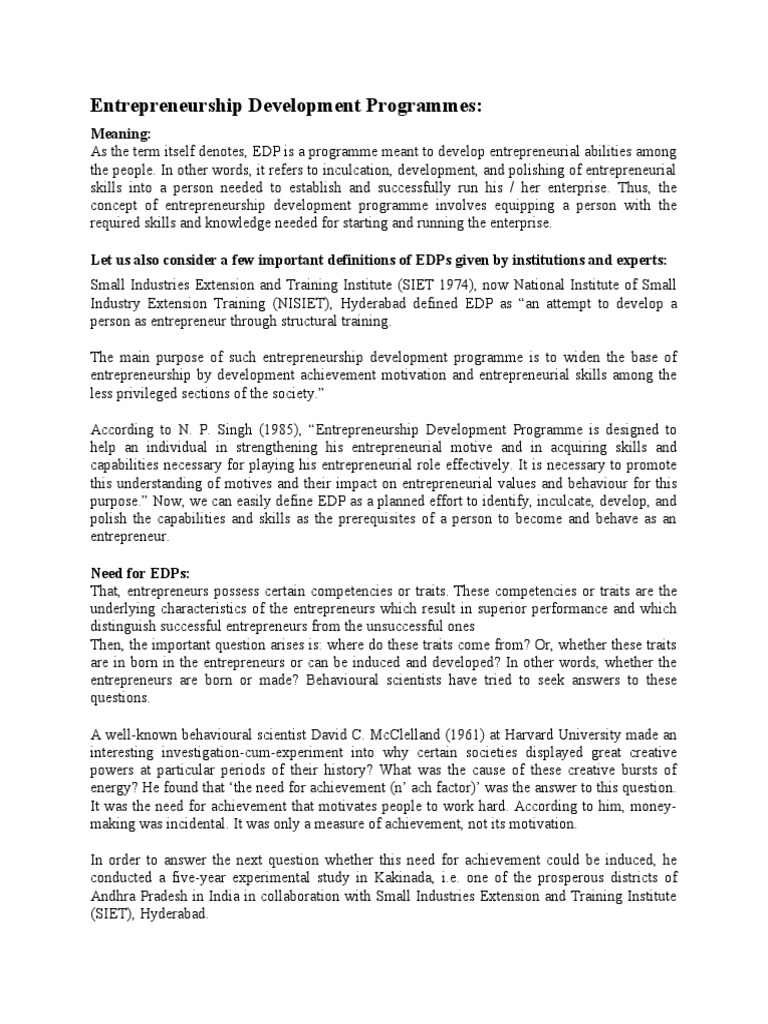 Entrepreneurship Development Programmes | PDF | Entrepreneurship ...