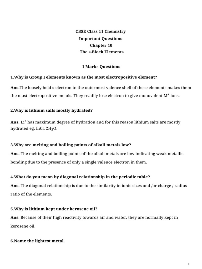 Chapter 10 The S-Block Elements | PDF | Ion | Sodium