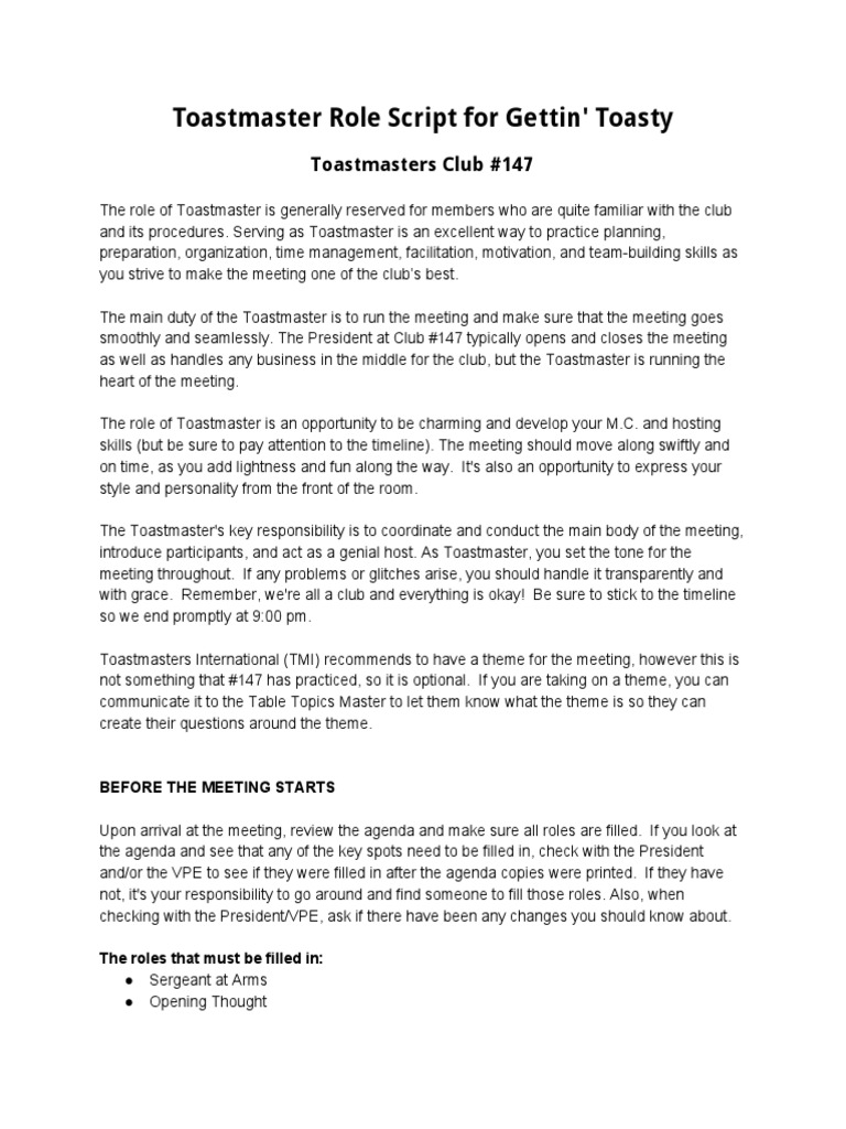 Script For Toastmaster Role For Gettin Toasty PDF | PDF | Career ...