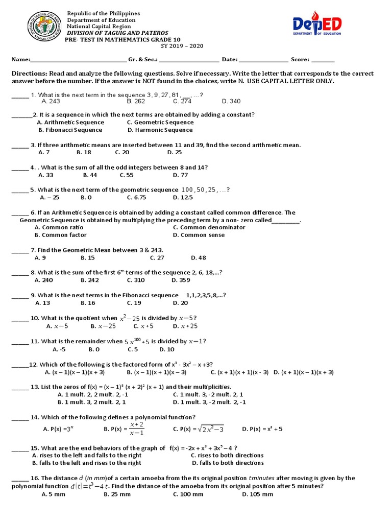 Pre Test Grade 10 Math | PDF | Percentile | Median