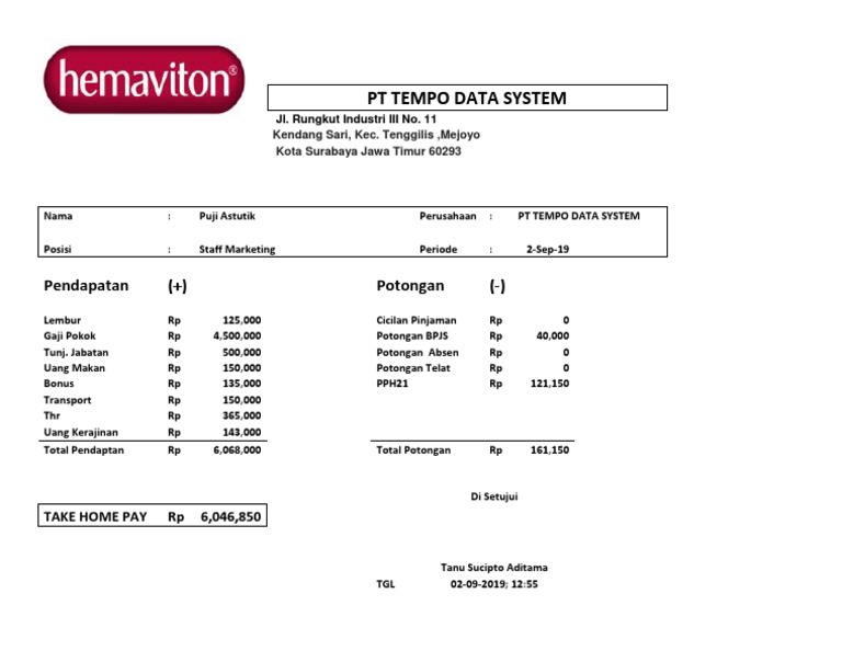 Slip Gaji PT Tempo Data System | PDF
