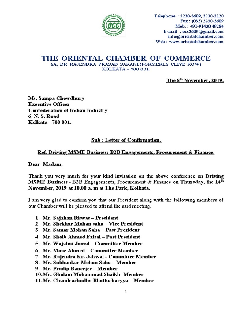 Letter of confirmation regarding Driving MSME Business- B2B Engagements ...