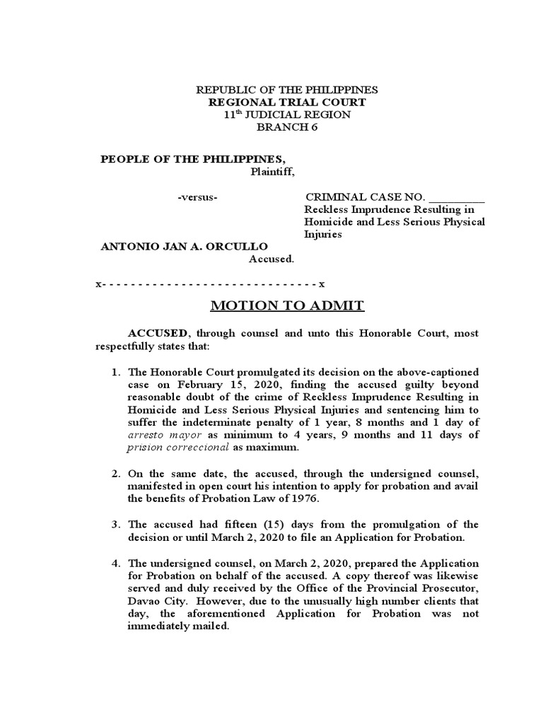 Motion To Admit | PDF | Equity (Law) | Probation