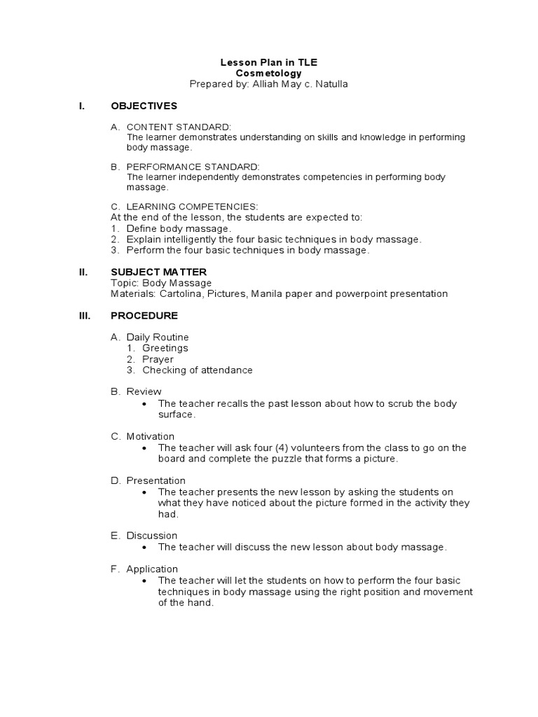 Semi - Detailed Lesson Plan in TLE | Download Free PDF | Massage ...