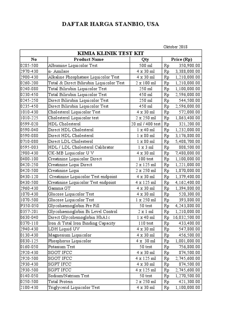 Pricelist STANBIO 2018 | PDF | Cholesterol | Nutrients