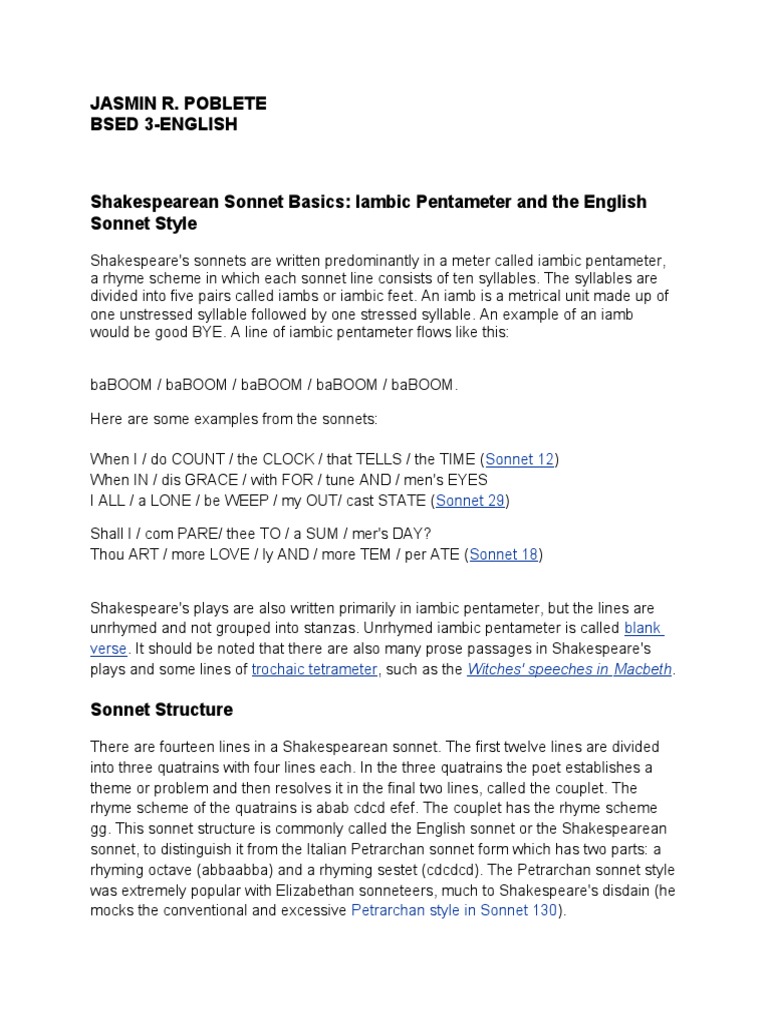 Shakespearean Sonnet Basics - Minmin | PDF | Sonnets | Poetic Rhythm