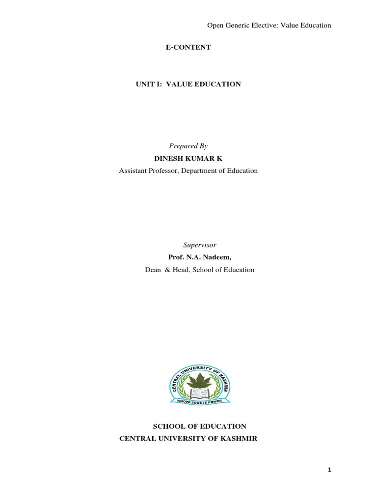 Unit I Introduction To Value Education PDF | PDF | Value (Ethics ...