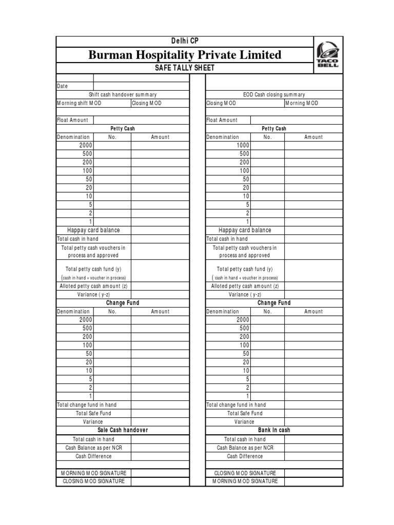 Safe Tally Sheet | PDF | Money | Banking