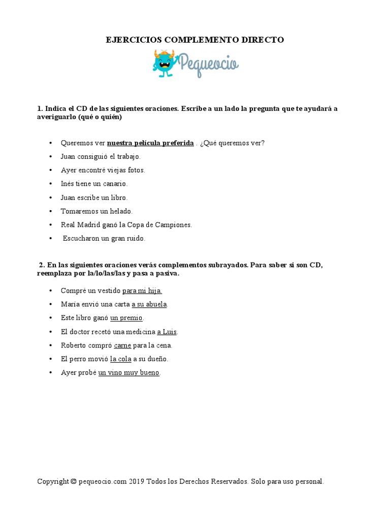 Ejercicios Complemento Directo | PDF Ejercicios Complemento Directo | PDF