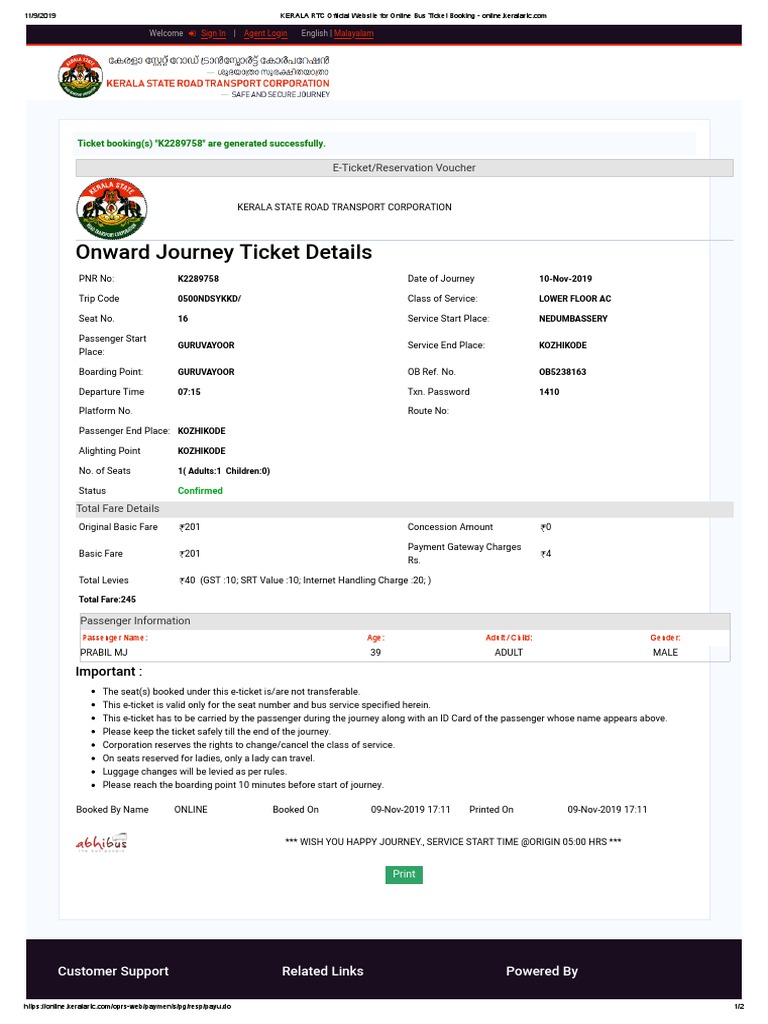 KSRTC Guruvayur CLT PDF | PDF | Fare | Ticket (Admission)