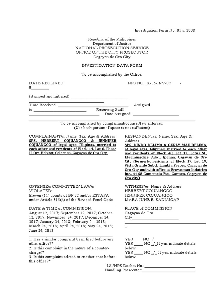 Investigation Data Form | PDF | Crime & Violence | Crime Thriller