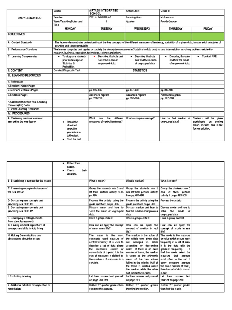 Math 8 Daily Lesson Log 4th | PDF | Median | Mode (Statistics)