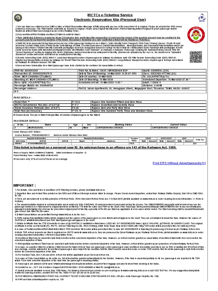 Train Ticket PDF | PDF | Identity Document | Ticket (Admission)