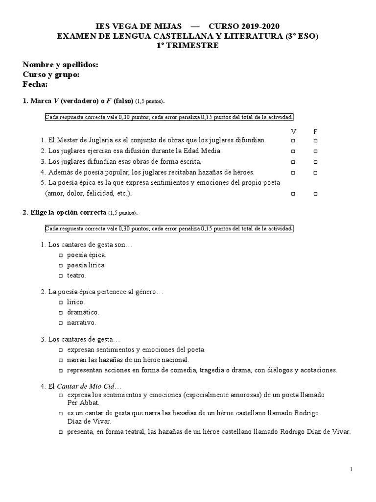Examen Lengua Castellana 3º ESO 2019-2020 | PDF | Poesía | Literatura ...