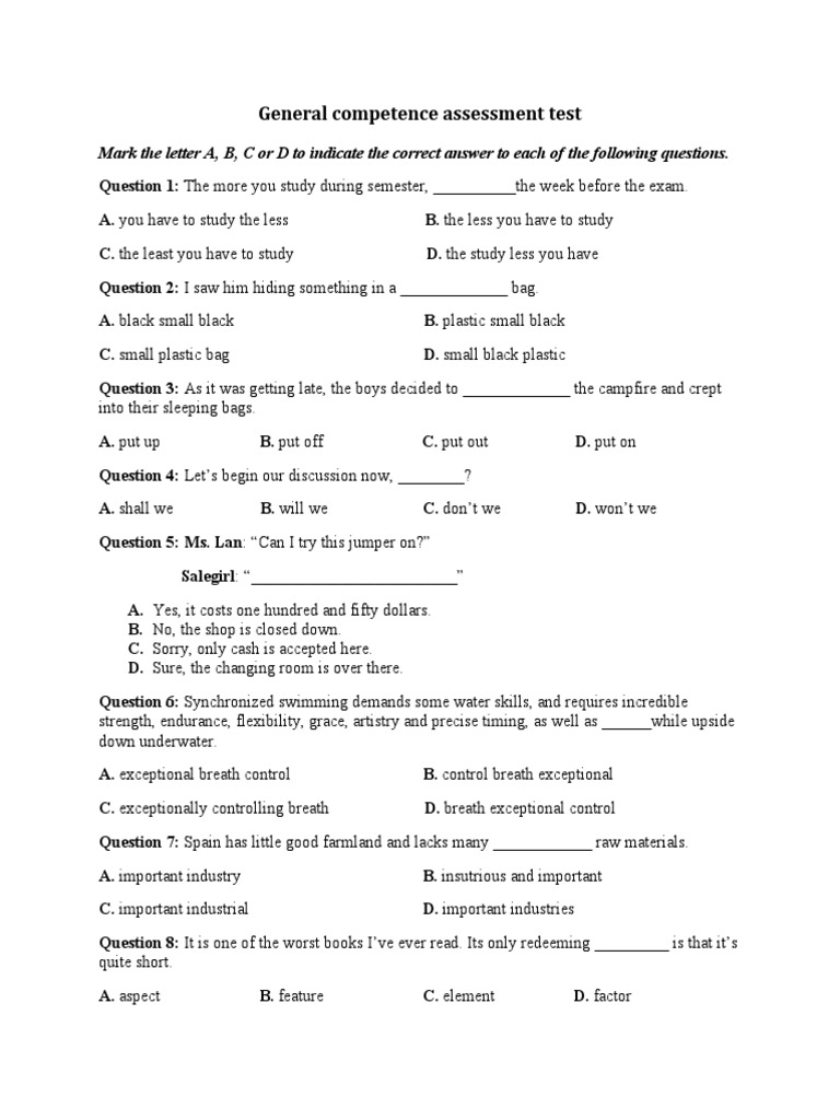 General Competence Assessment Test | PDF | Sports | Nature