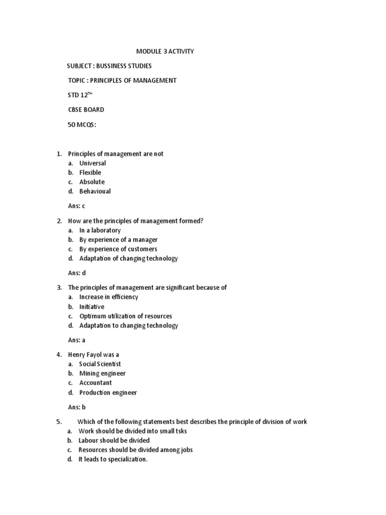 Principles of Management MCQs for CBSE | PDF | Employment | Economies