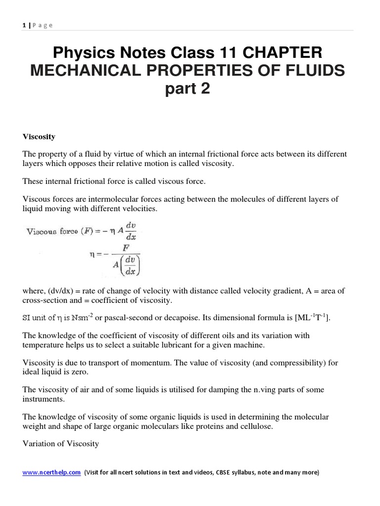 Physics Notes Class 11 CHAPTER 10 MECHANICAL PROPERTIES OF FLUIDS Part ...