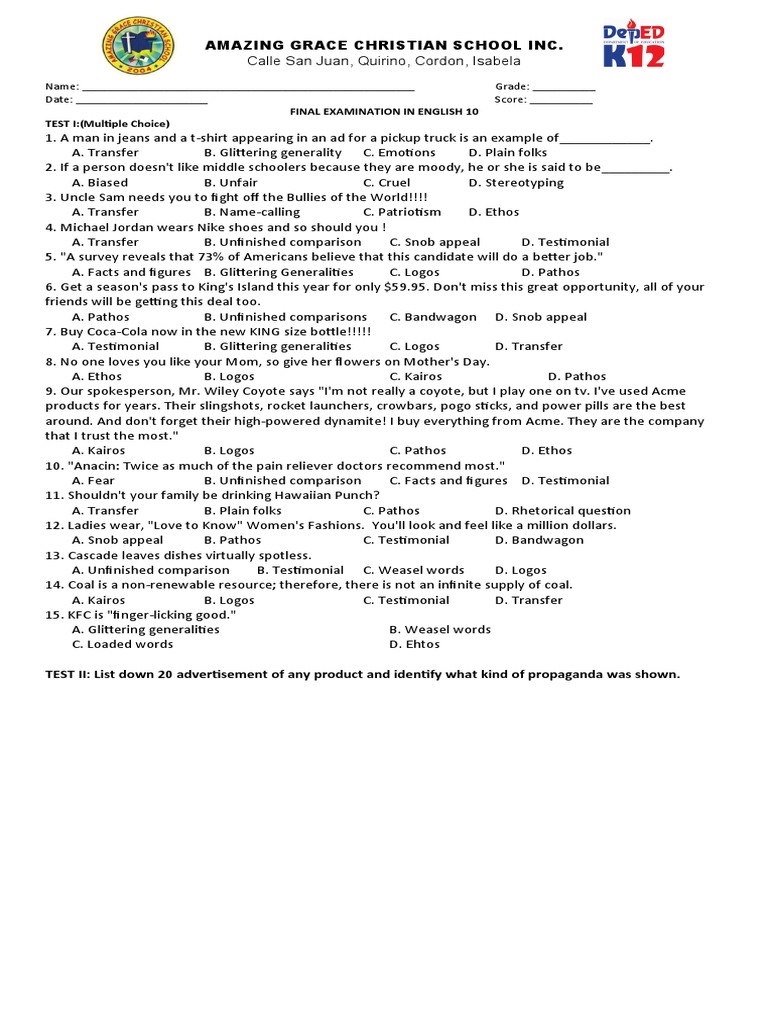 English Grade 10 Exam | PDF