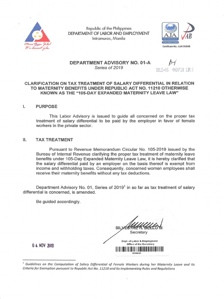 Department Advisory 1 A 19 Clarification On Tax Treatment of Salary ...