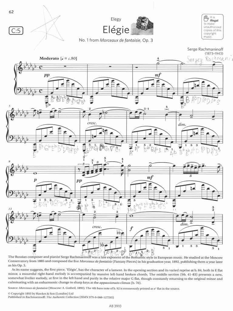 Rachmaninoff - Elegie (No. 1 From Morceaux de Fantaisie, Op. 3) | PDF