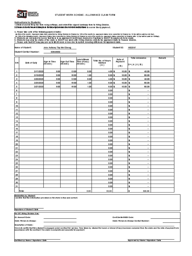FINAP03 Student Helper Allowance Claim Form-Individual | PDF | Annual ...