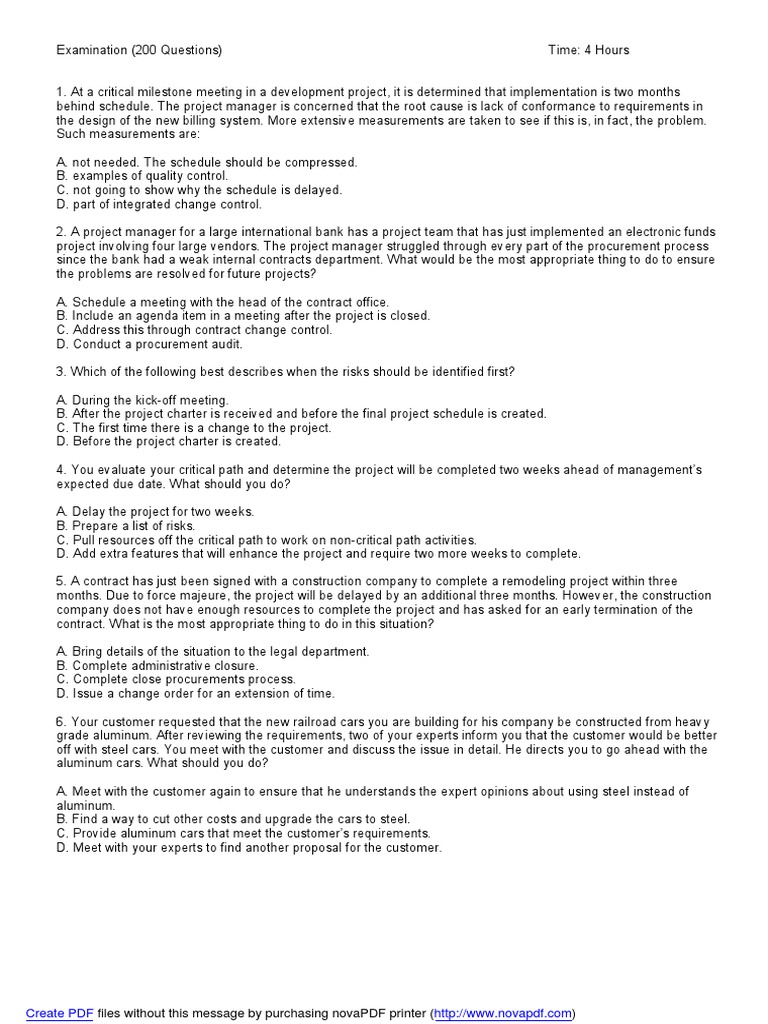 PMP Sample Exam Questions | PDF | Project Management | Risk