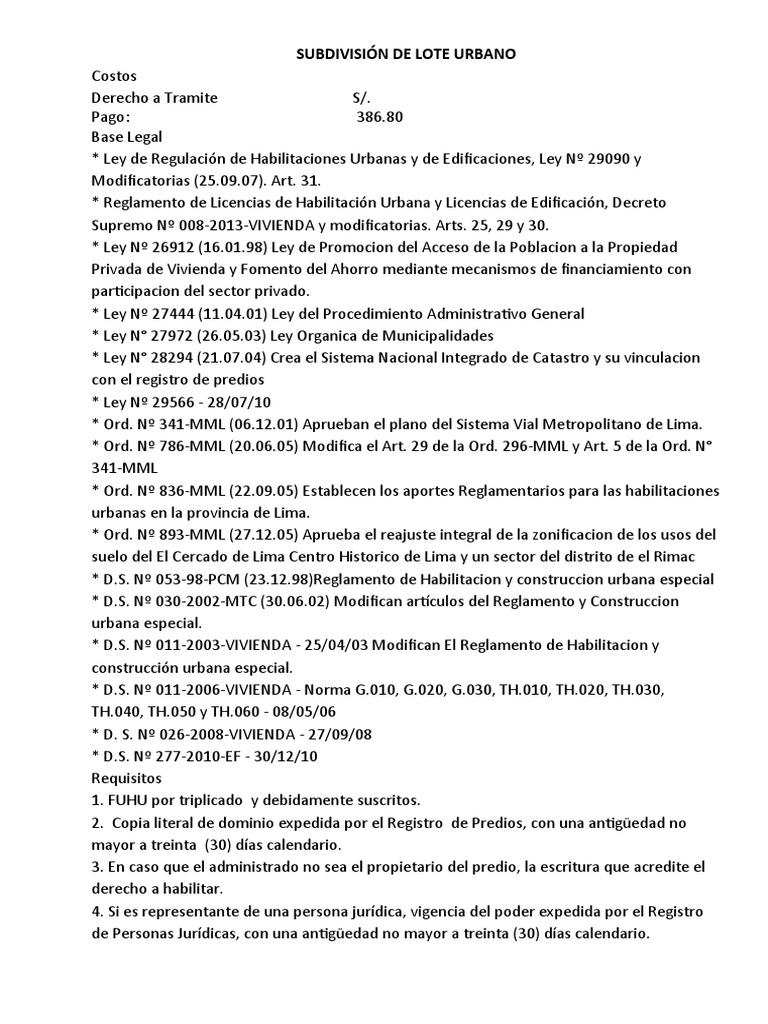 SUBDIVISIÓN DE LOTE URBANO Procedimiento | PDF | Regulación | Lima