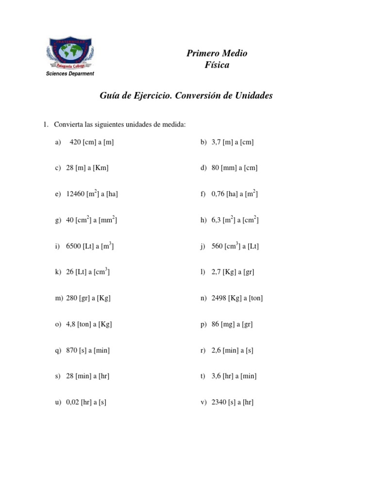 Guía de Ejercicios N°1 - Conversión de Unidades | PDF