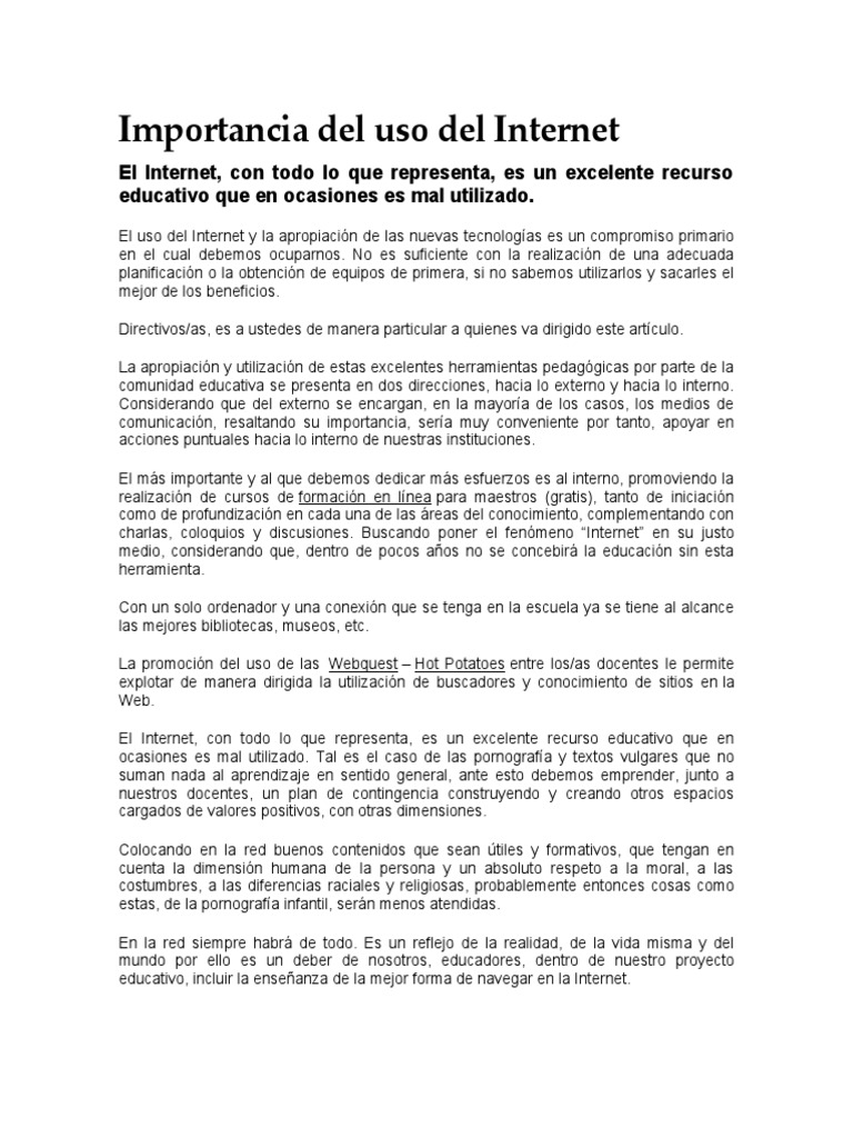 Importancia Del Uso Del Internet | PDF | Internet | Conocimiento